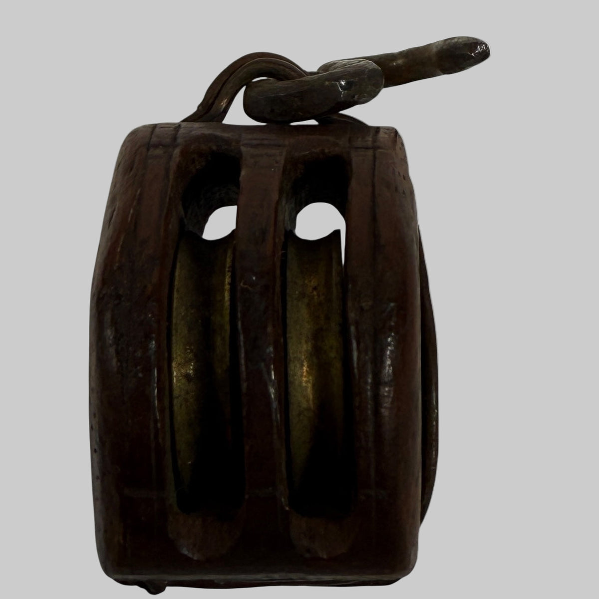 Vintage Miniature Wooden Pulley with Brass Wheels & Iron Hook – 1” Shi ...