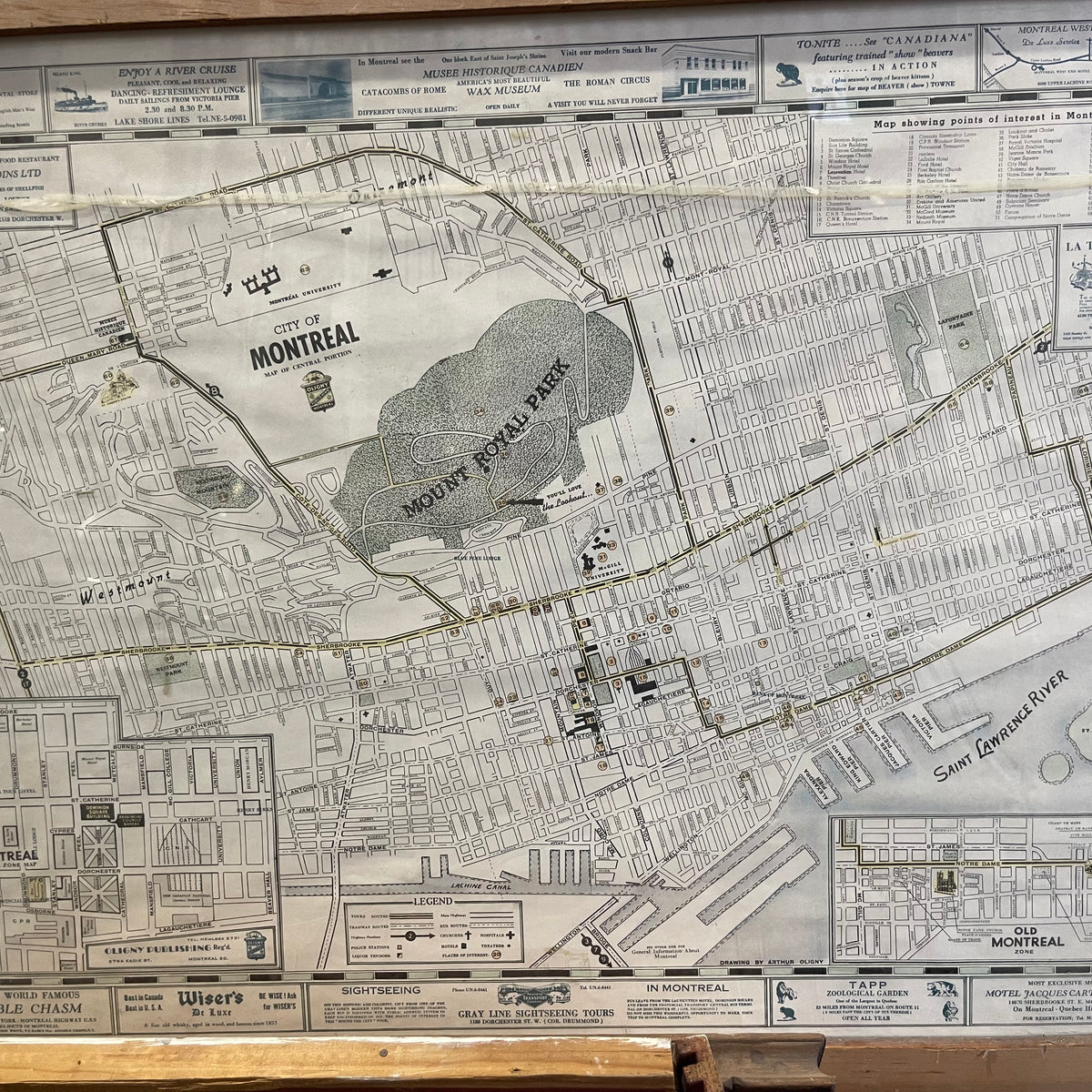 Framed 1950s Montreal Tourist Map – Vintage Oligny Wall Art – Éco-Dépôt ...