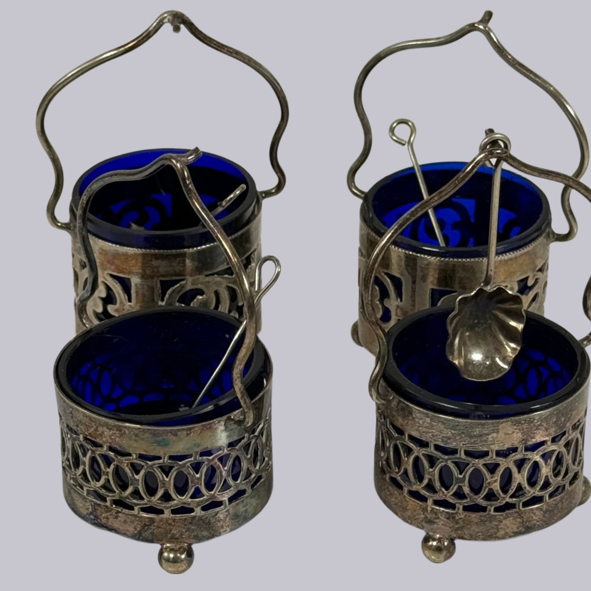 Set of 4 Vintage Cobalt Blue Glass Salt Cellars with Silverplate Holde ...