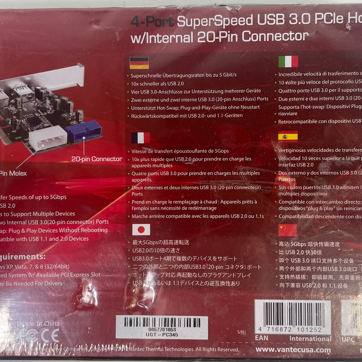 Vantec 4-Port SuperSpeed USB 3.0 PCIe Host Card w/ Internal 20-Pin Con ...