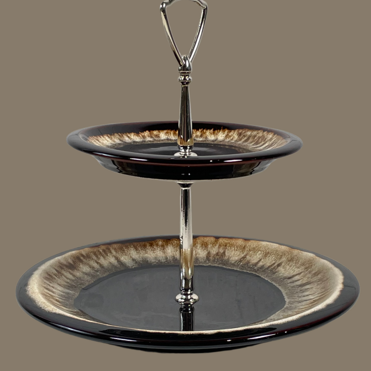 Vintage Pfaltzgraff Brown Drip Glaze 2-Tier Serving Tray with Brass Ha ...