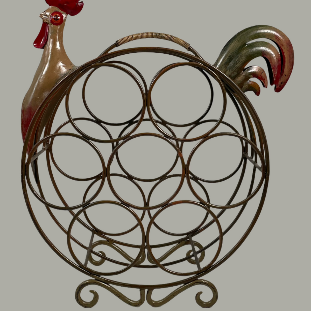 Vintage Rooster-Shaped Wine Bottle Rack – Red & Green Wrought Iron – F ...