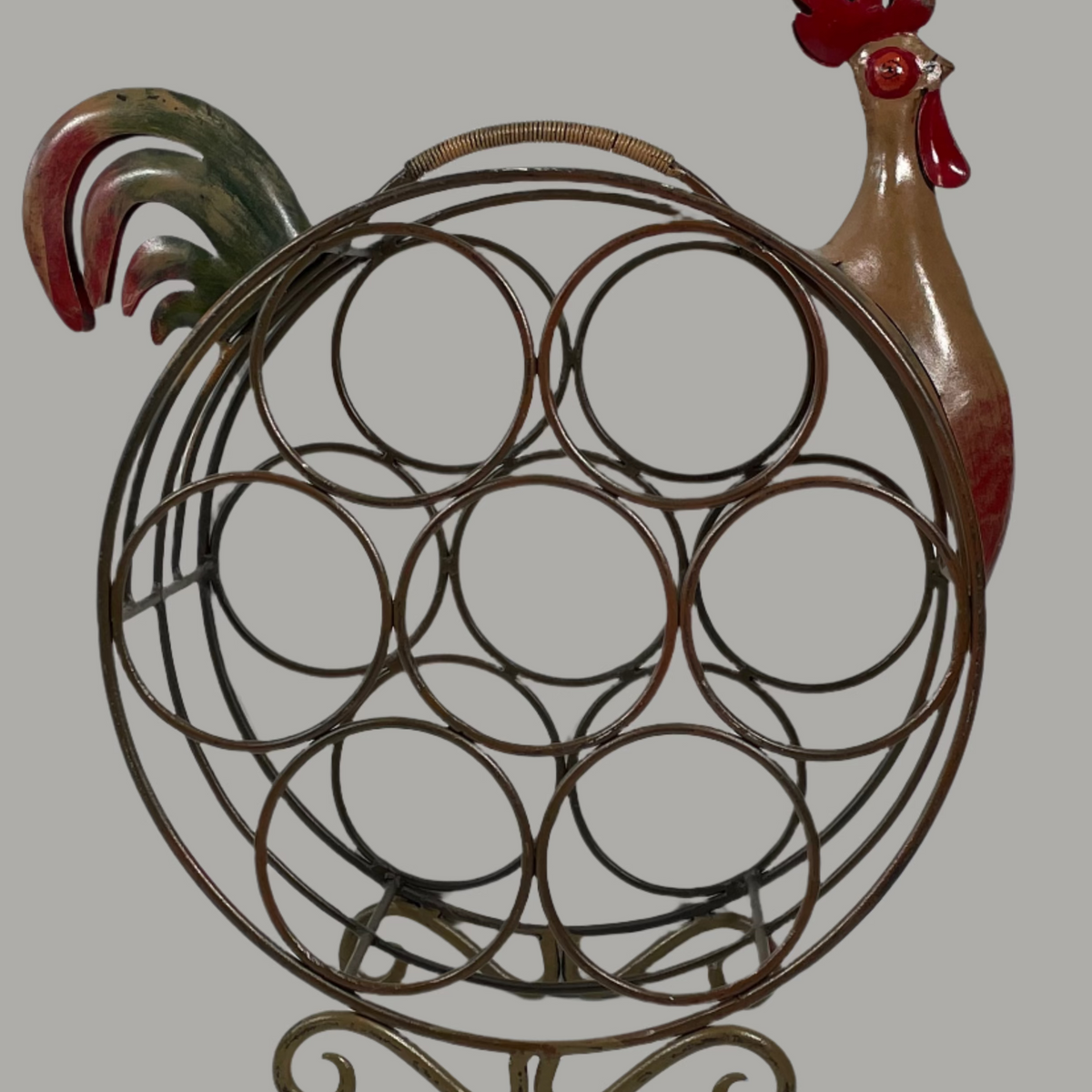 Vintage Rooster-Shaped Wine Bottle Rack – Red & Green Wrought Iron – F ...