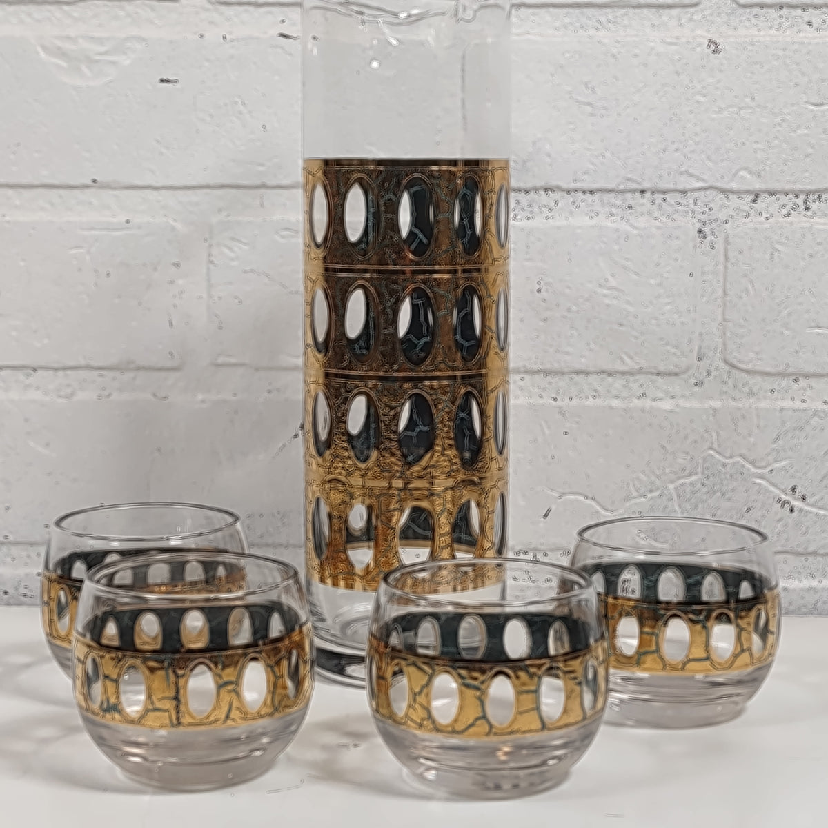 Set of 5, Vintage Culver Pisa, Pitcher & 4 Lo Ball Glasses, 22 K Gold ...